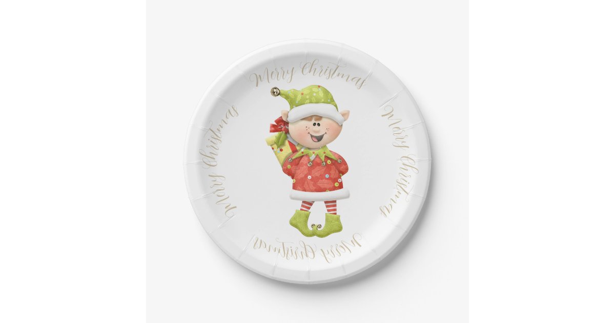 Christmas Elf with Present Paper Plates | Zazzle