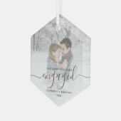 Christmas Engaged Custom Photo Gray Script Glass Ornament | Zazzle
