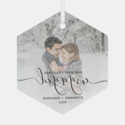 Christmas Engaged Custom Photo Gray Script Glass Ornament | Zazzle