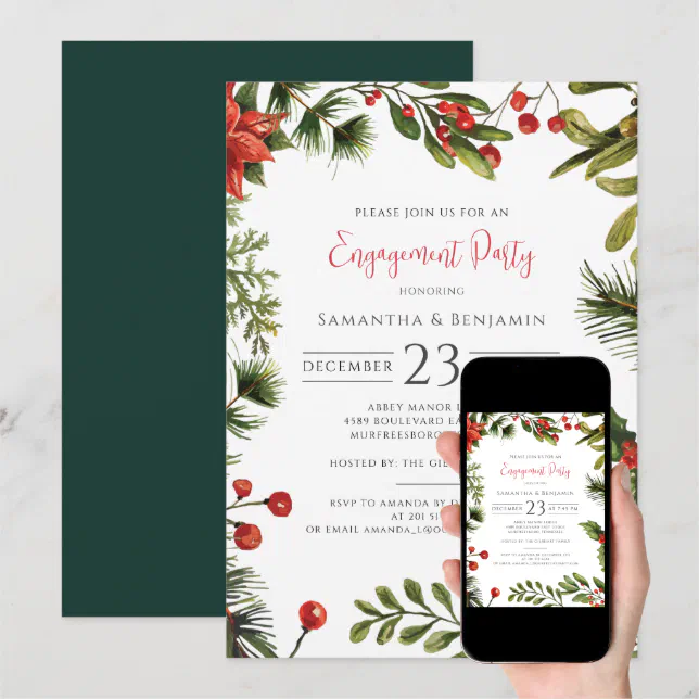 Christmas Engagement Party Berries Mistletoe Invitation | Zazzle