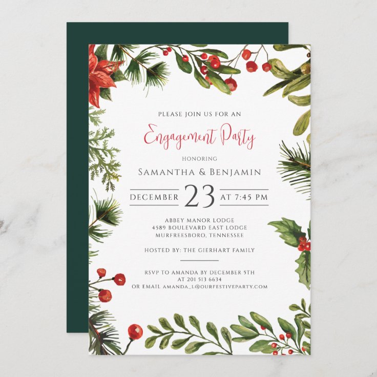 Christmas Engagement Party Greenery Script Invitation | Zazzle