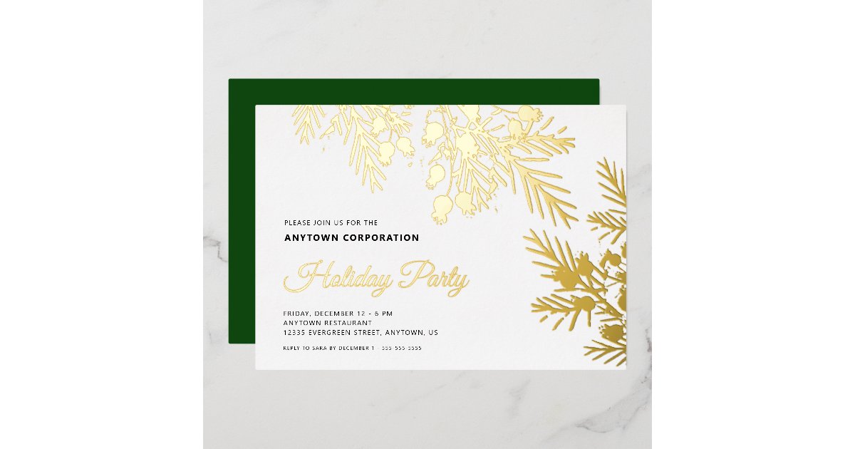 Christmas Evergreen Gold Foil Office Holiday Party Foil Invitation | Zazzle