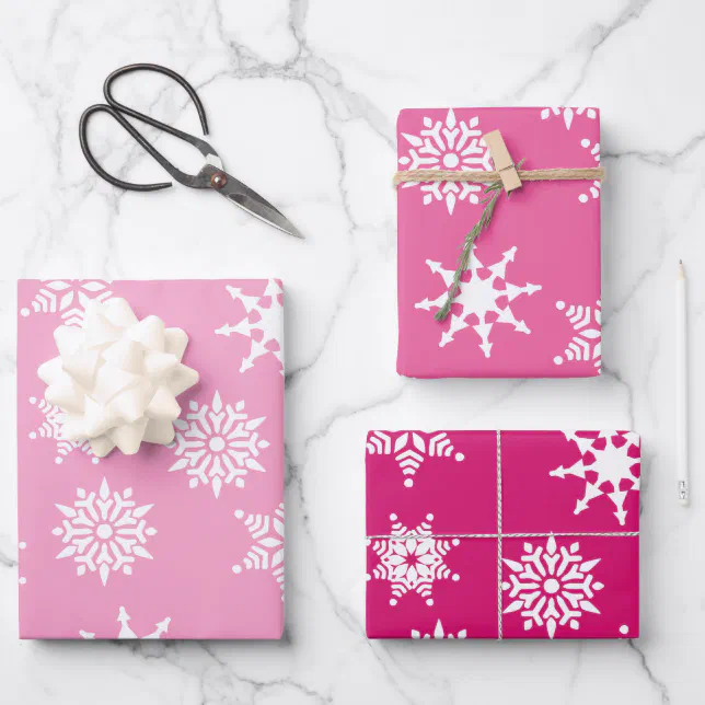 Christmas Festive Girly Pink Snowflakes Stars Wrapping Paper Sheets ...