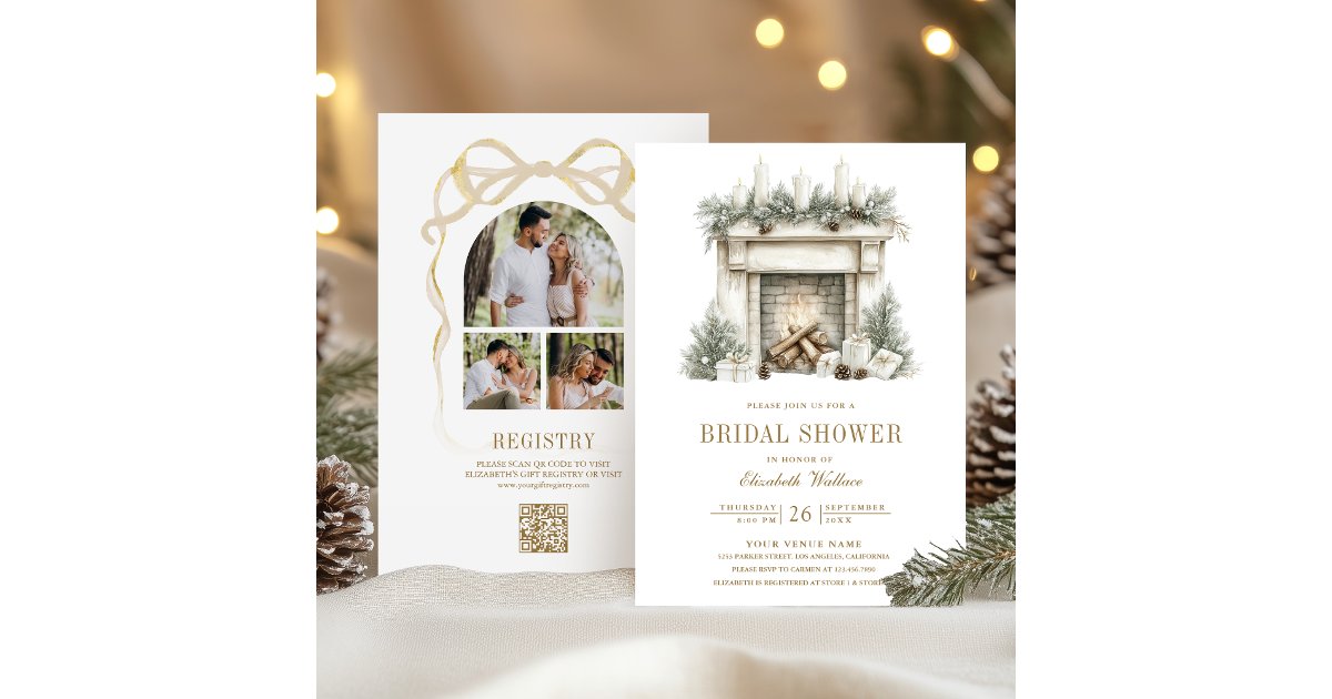 Christmas Fireplace Bow QR Code Bridal Shower Invitation | Zazzle