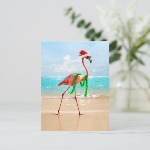 Christmas Flamingo on the Beach Invitation Postcard | Zazzle