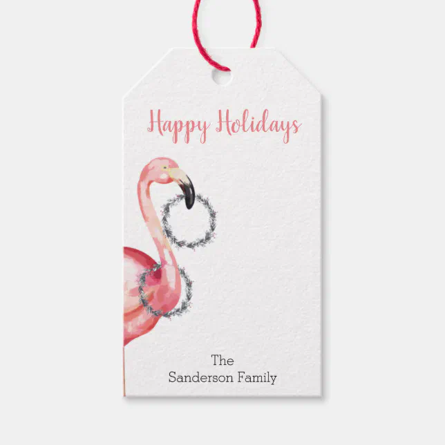 Christmas Flamingo with Wreath Happy Holidays Gift Tags | Zazzle
