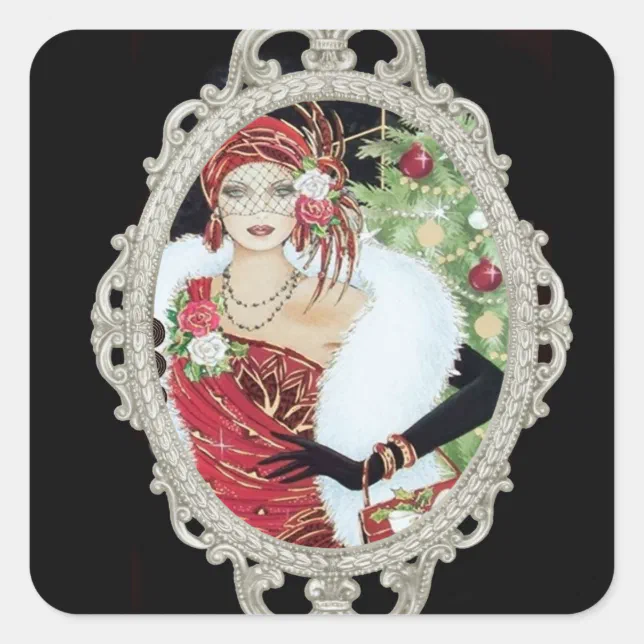 Christmas Flapper Girl Dazzling Red and Gold Dress Square Sticker | Zazzle