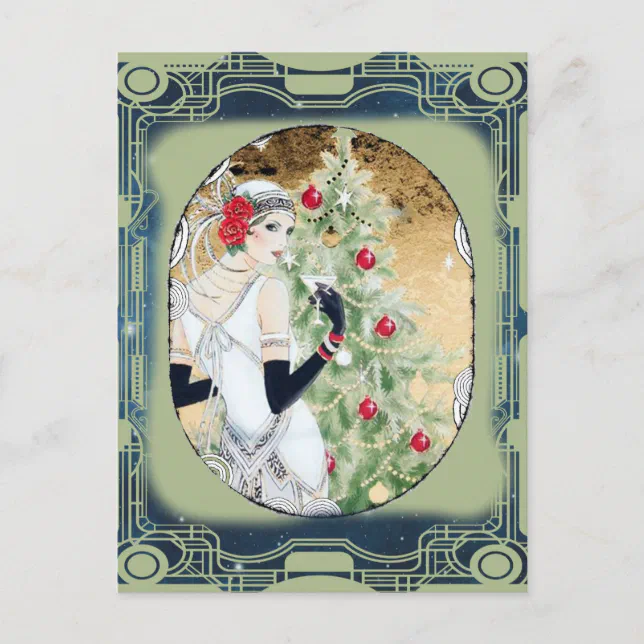 Christmas Flapper Girl With Drink and Tree Postcard | Zazzle