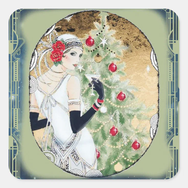 Christmas Flapper Girl With Drink and Tree Square Sticker | Zazzle