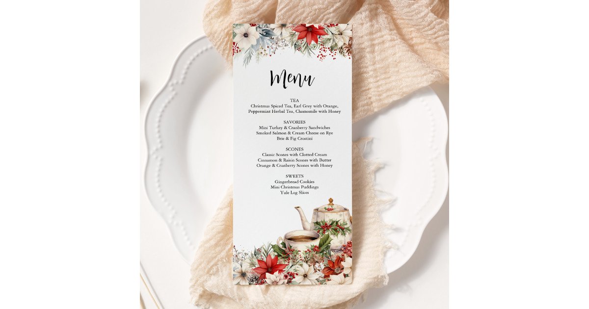 Christmas Floral Afternoon Tea Holiday Party Menu | Zazzle