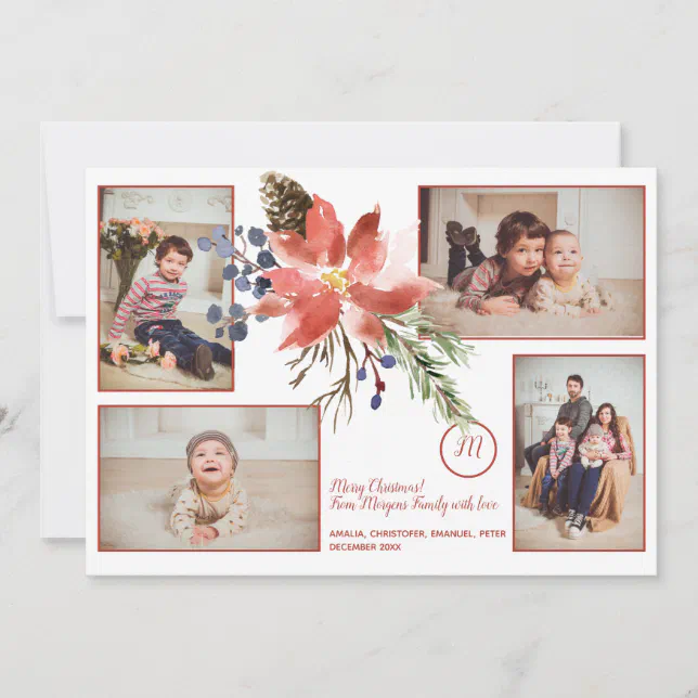 Christmas Floral Bouquet Monogram Photo Collage Holiday Card | Zazzle