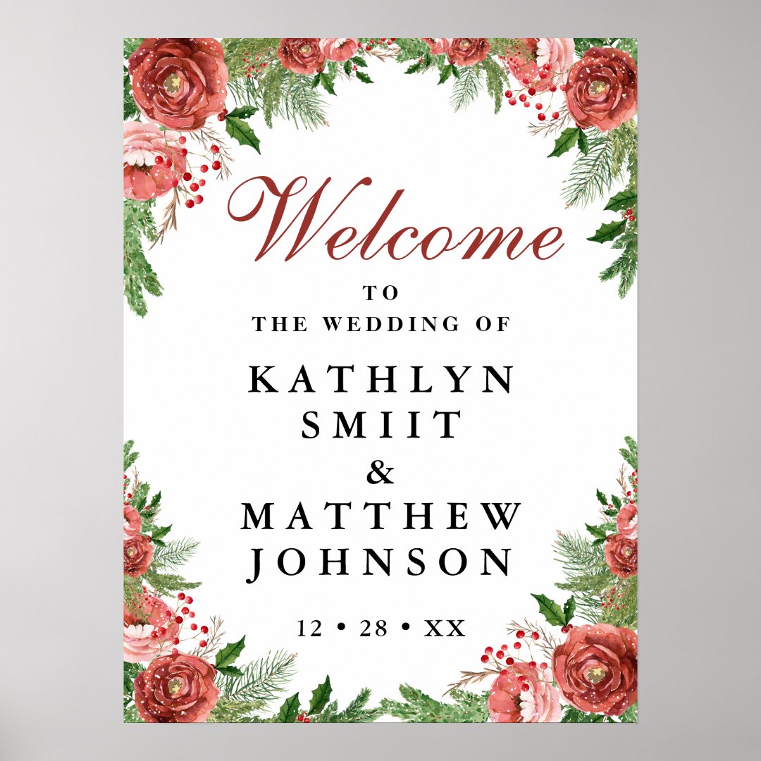 Christmas Floral Foliage Winter Wedding Welcome Poster | Zazzle