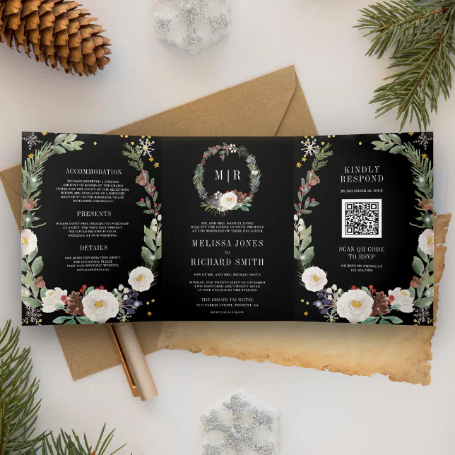 Christmas Floral Monogram QR Code Black Wedding Tri-Fold Invitation ...