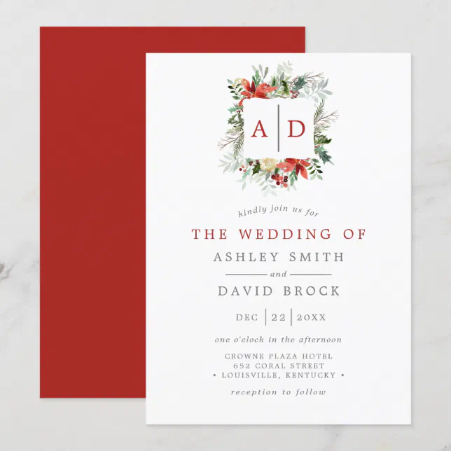 Christmas Floral Monogram Red And Green Wedding Invitation | Zazzle
