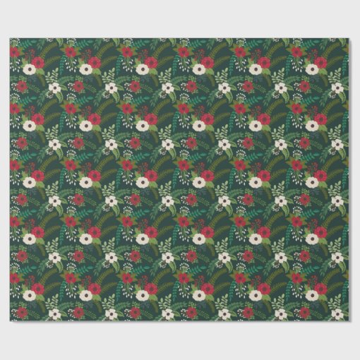 Christmas Florals Floral Hunter Green background Wrapping Paper | Zazzle