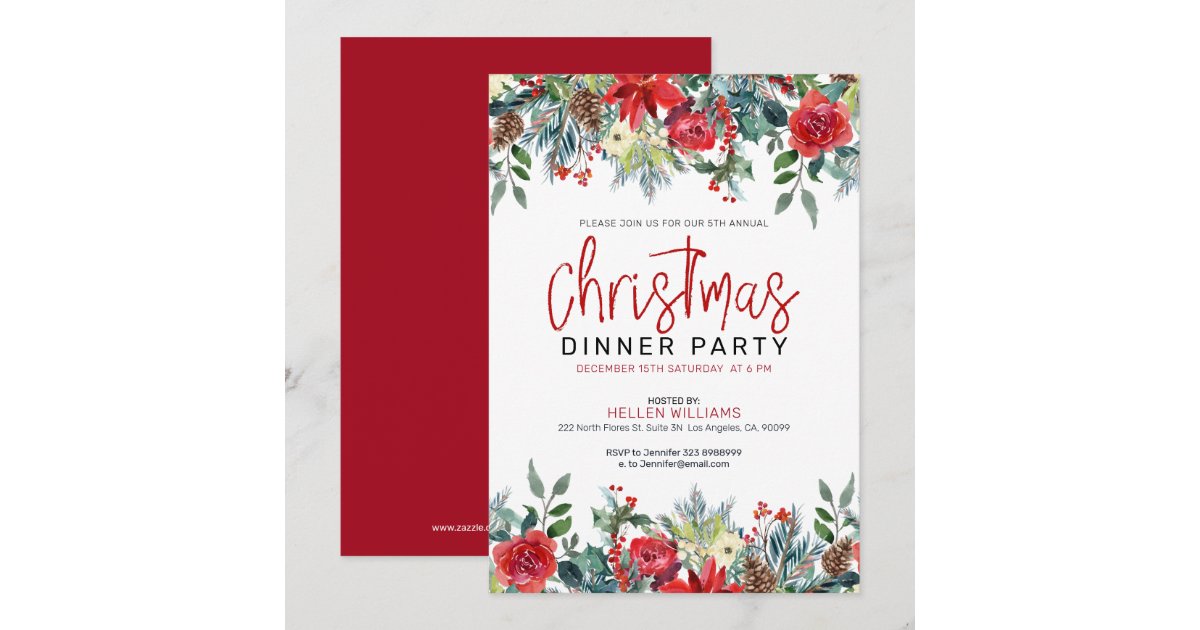 Christmas flowers and winter foliage frame invitation | Zazzle
