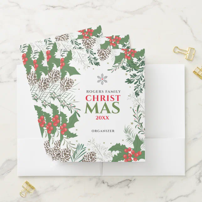 Christmas frame red berries & winter evergreens pocket folder | Zazzle