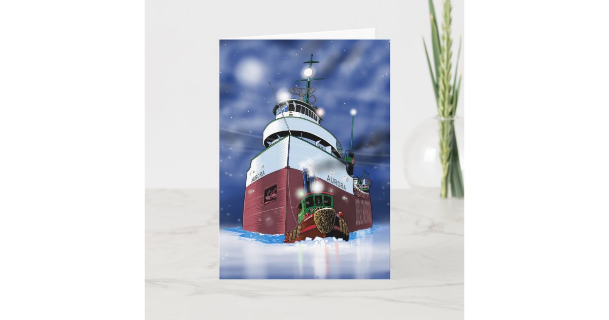 Christmas freighter and tug card | Zazzle