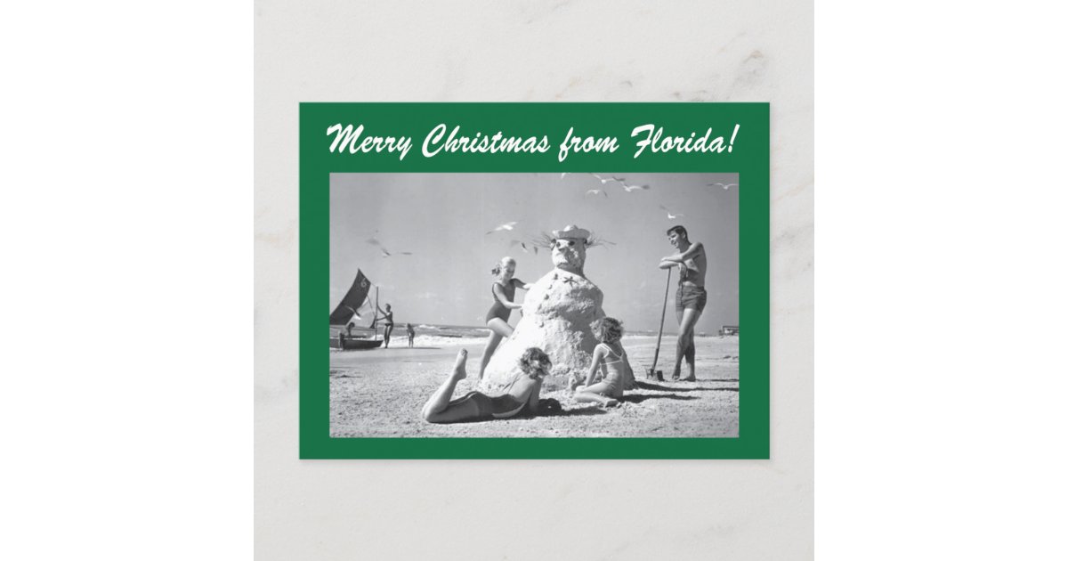 Christmas from Florida Vintage Beach Snowman Photo Postcard | Zazzle