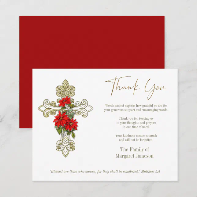 Christmas Funeral Condolence Sympathy Cross Thank You Card | Zazzle