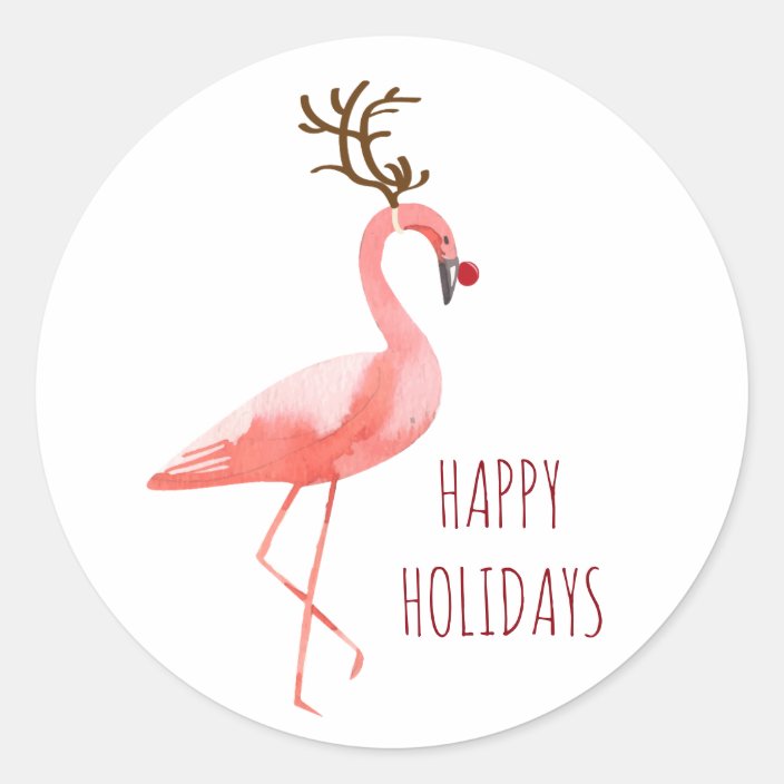 Christmas funny flamingo Rudolf reindeer wishes Classic Round Sticker ...