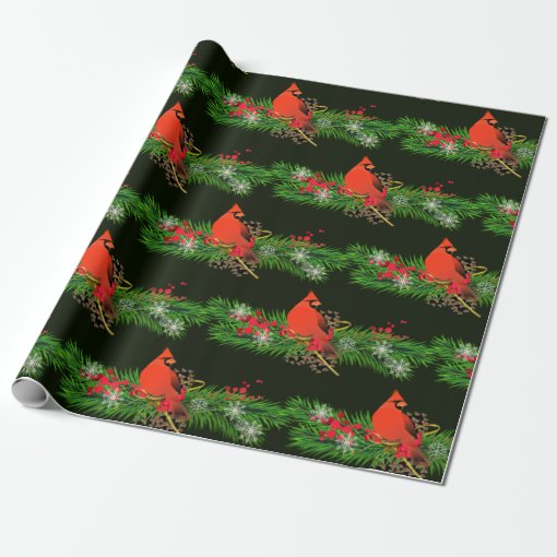 Christmas Garland with Cardinal Birds Glossy Wrapping Paper | Zazzle