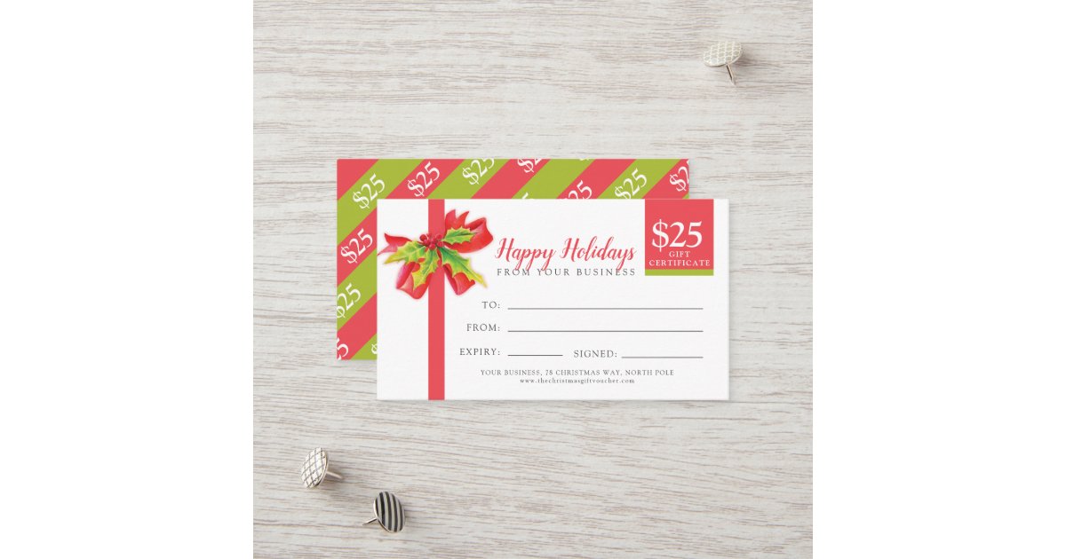 Christmas gift certificate red green ribbon $25 | Zazzle