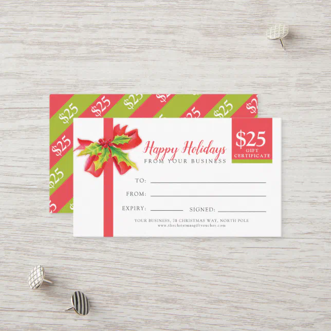 Christmas gift certificate red green ribbon $25 | Zazzle