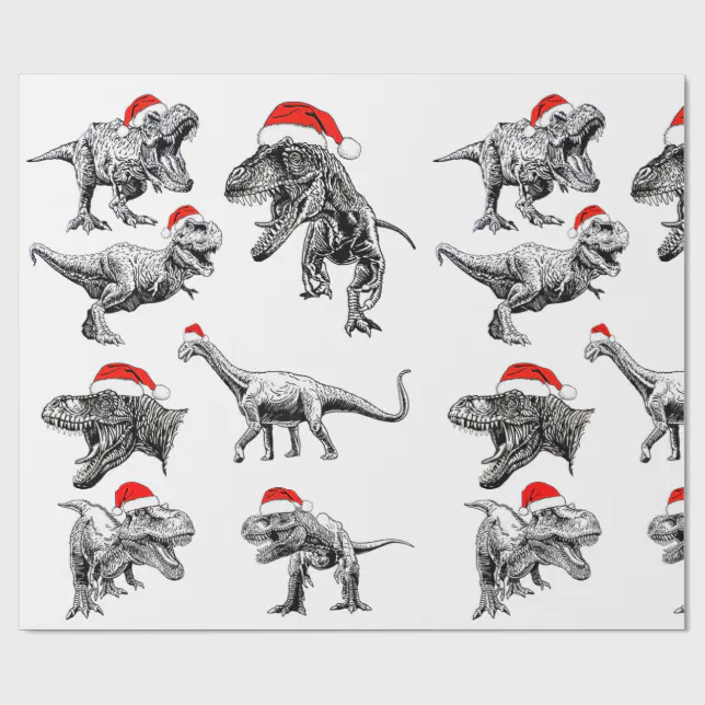 CHRISTMAS GIFT WRAP WITH DINOSAURS WITH SANTA HATS | Zazzle