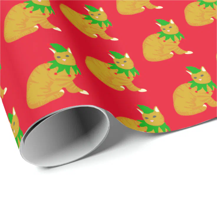 Christmas Ginger Cat in Elf Costume Red Green Wrapping Paper | Zazzle