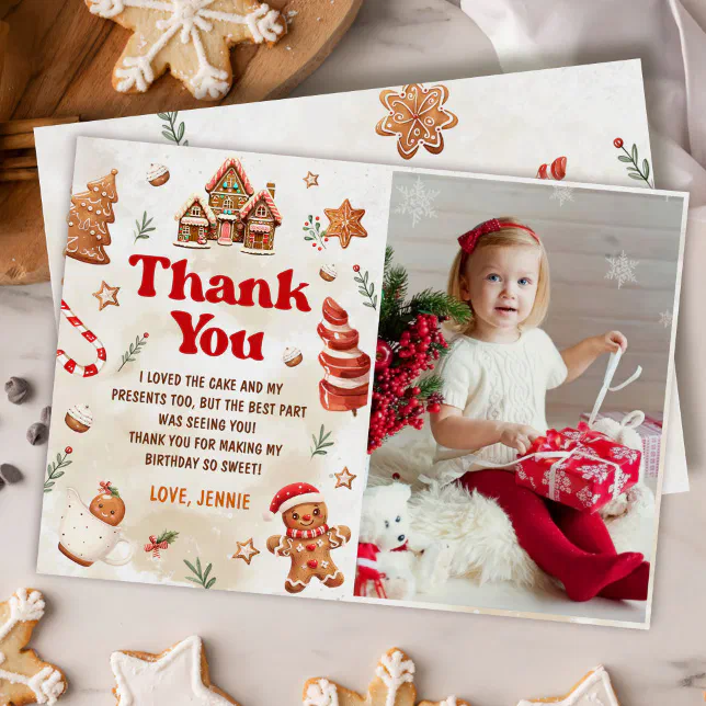 Christmas Gingerbread House Birthday Photo Thank You Card | Zazzle