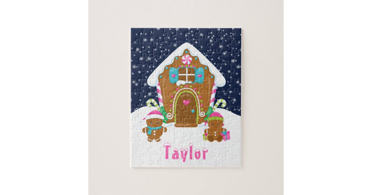 Christmas Gingerbread House Pink and Navy Blue Jigsaw Puzzle | Zazzle