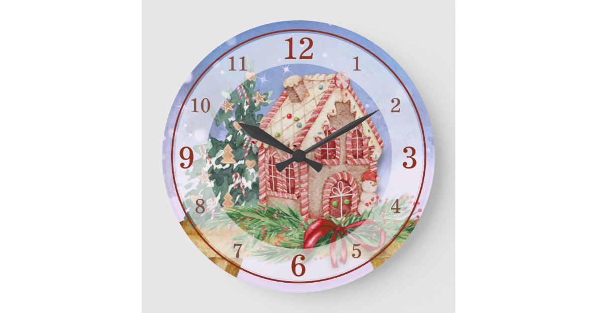 Christmas Gingerbread House Watercolor Acrylic Large Clock | Zazzle