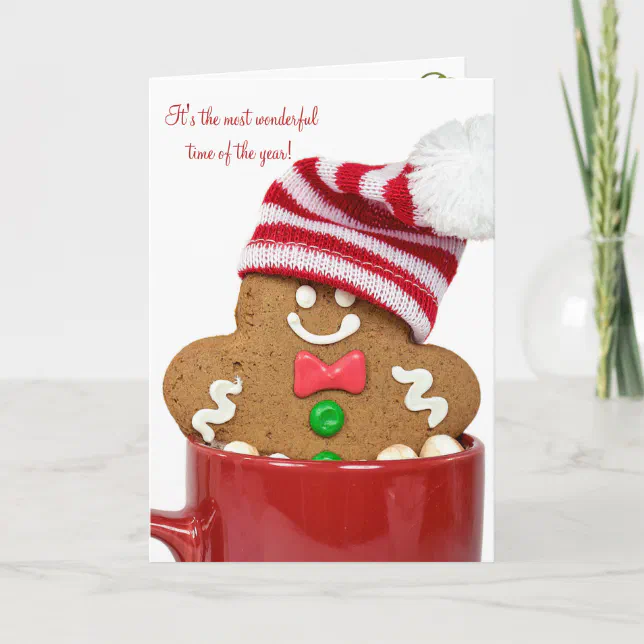 Christmas gingerbread man in hot cocoa holiday card | Zazzle