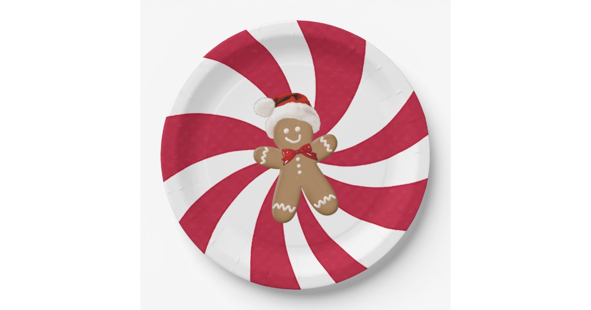 Christmas Gingerbread Man on Peppermint Paper Plates | Zazzle