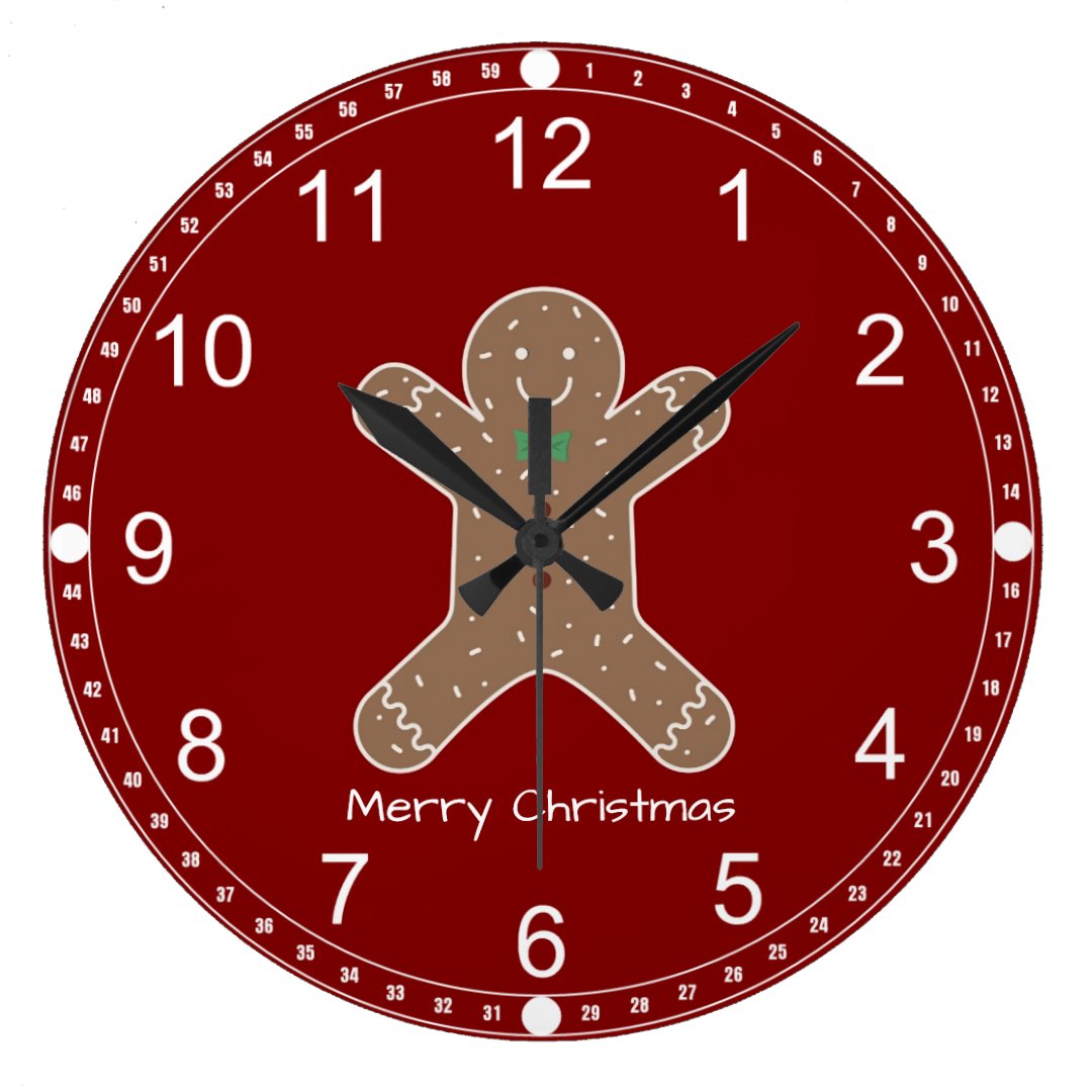 Christmas Gingerbread Man On Red Merry Christmas Large Clock | Zazzle