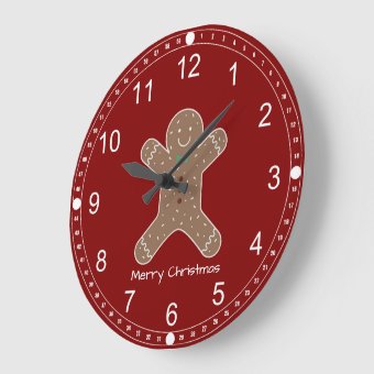 Christmas Gingerbread Man On Red Merry Christmas Large Clock | Zazzle