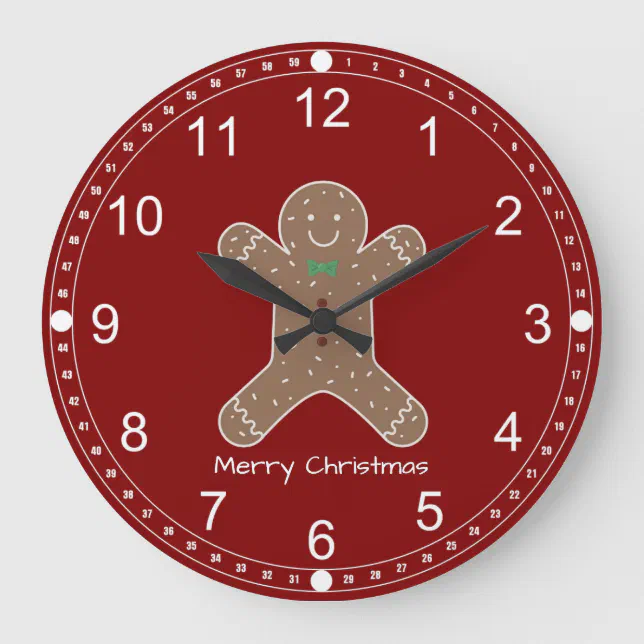 Christmas Gingerbread Man On Red Merry Christmas Large Clock | Zazzle