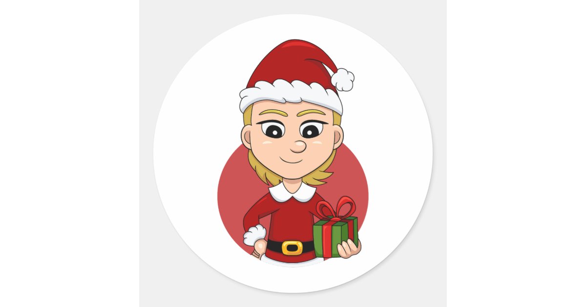 Christmas girl cartoon classic round sticker | Zazzle