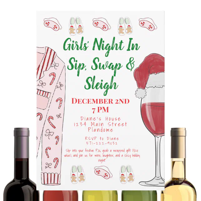 Christmas Girls’ Night Gift Swap PJs Wine Invitation | Zazzle