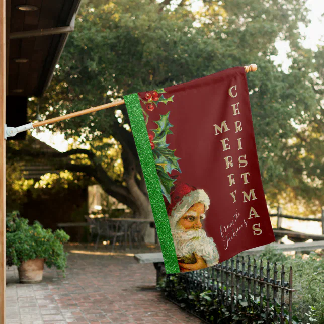 Christmas Glitter Santa Holiday Seasonal Outdoor House Flag | Zazzle