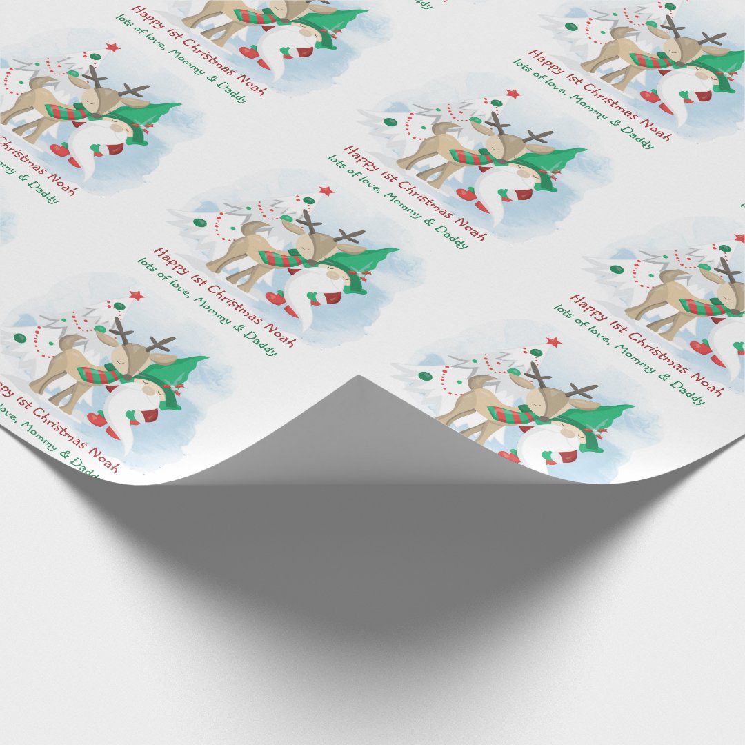 Christmas Gnome and Reindeer Cute Personalized Wrapping Paper | Zazzle