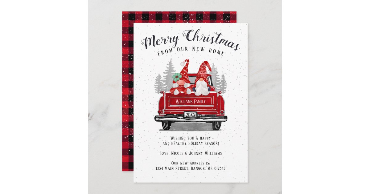 Christmas Gnome Couple Vintage Red Truck Moving Announcement | Zazzle Christmas Gnome Couple Vintage Red Truck Moving Announcement | Zazzle