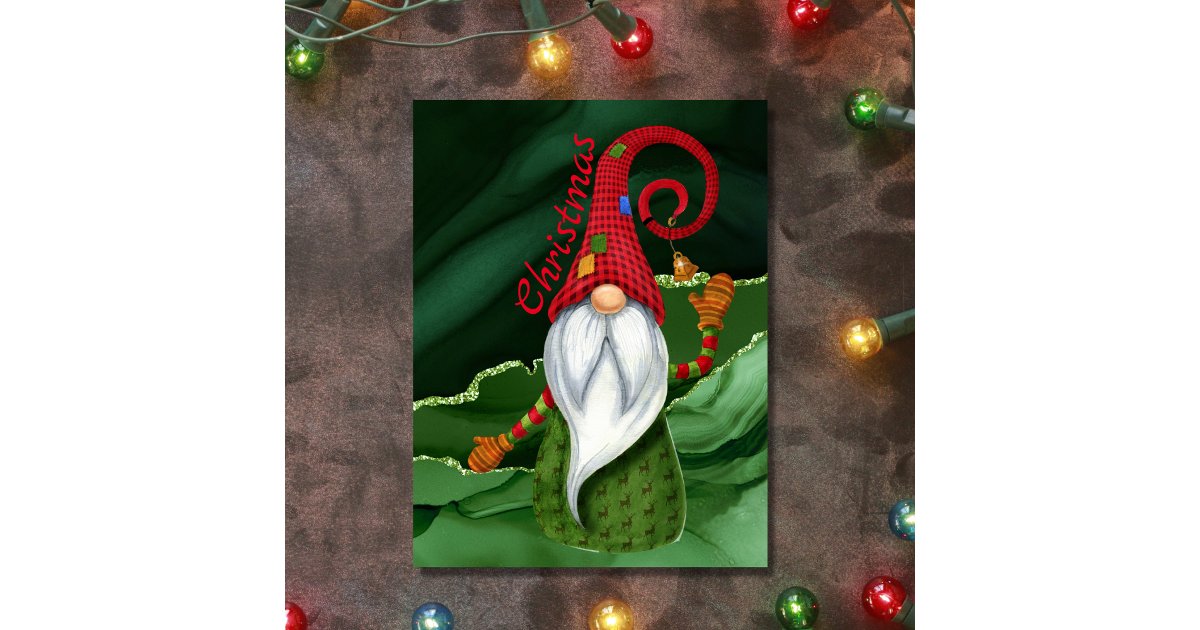 Christmas Gnome Red and Green Gemstone Rustic Glam Postcard | Zazzle