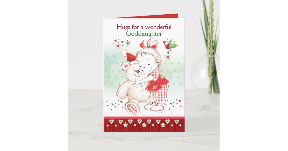 Christmas, Goddaughter, Cute Baby Girl & Teddy Card | Zazzle