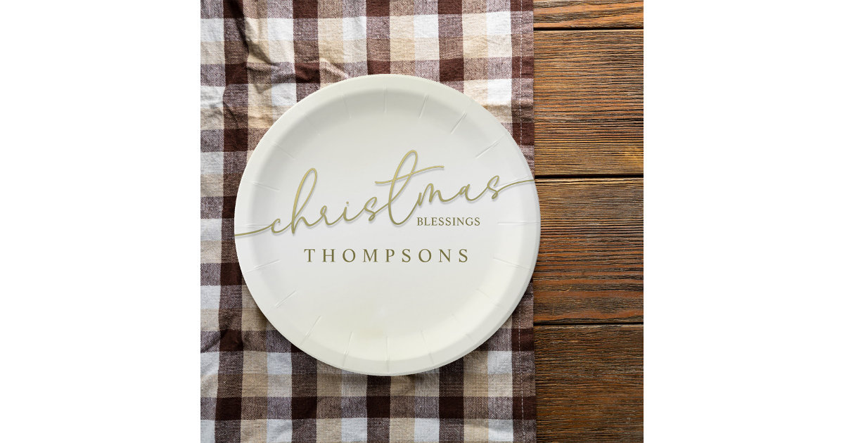 Christmas Gold Calligraphy Script Modern Blessings Paper Plates | Zazzle