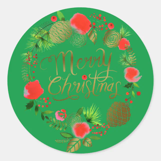 Christmas Gold Red Digital Wreath Round Sticker | Zazzle