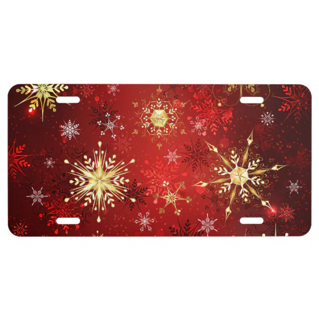 Christmas Golden Snowflakes on Red Background License Plate | Zazzle