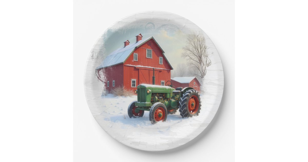 Christmas Green Farm Tractor and Red Barn Paper Plates | Zazzle