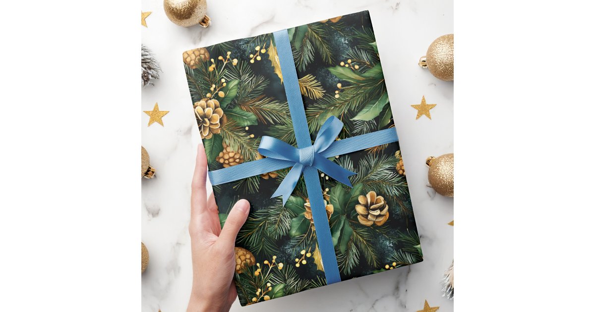 Christmas Green Gold Moody Festive Greenery Wrapping Paper | Zazzle